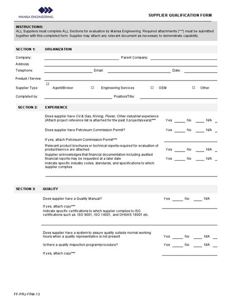 Ff Prj Frm 13 Supplier Qualification Form Pdf Personal Protective
