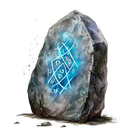 Watercolor Illustration Of A Mystical Rune Stone With Glowing Blue