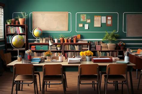 Premium Photo A Colorful Organized Classroom With Wooden Desks And Chairs