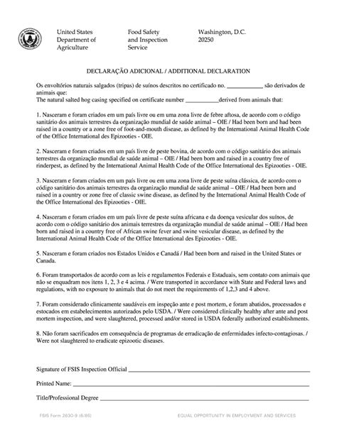 Fillable Online Fsis Usda Additional Declaration Hog Casings Export Requirements For Brazil