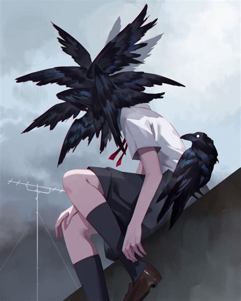 Safebooru 1girl Bird Black Feathers Black Wings Clouds Cloudy Sky