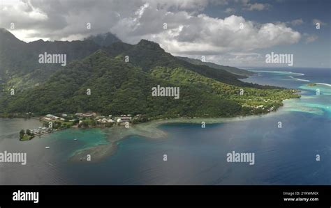 Aerial Panorama Of Moorea Island In French Polynesia Showing Green