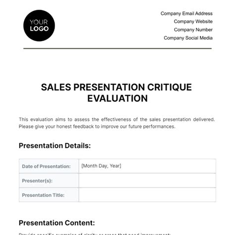 Free Sales Presentation Critique Evaluation Template To Edit Online