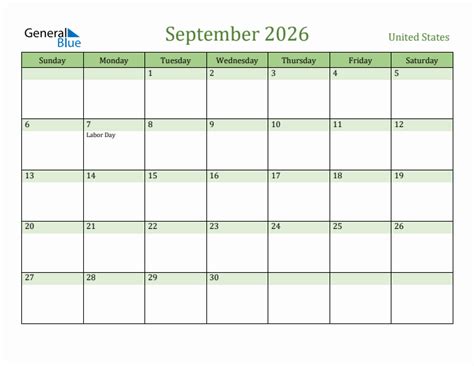 September 2026 United States Monthly Calendar With Holidays