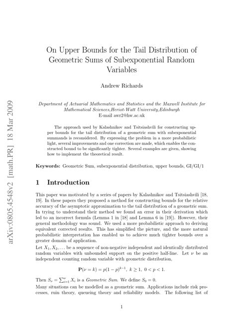 Pdf On Upper Bounds For The Tail Distribution Of Geometric Sums Of