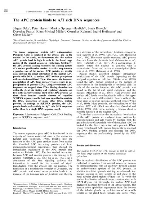 Pdf The Apc Protein Binds To At Rich Dna Sequences