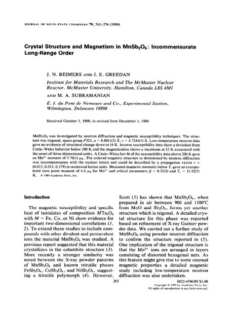 Crystal Structure And Magnetism In Mnsb2o6 Incommensurate Long Range Order 79 2 263 276 Pdf