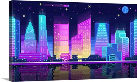 Pixelated Neon City Landscape At Night Great Big Canvas