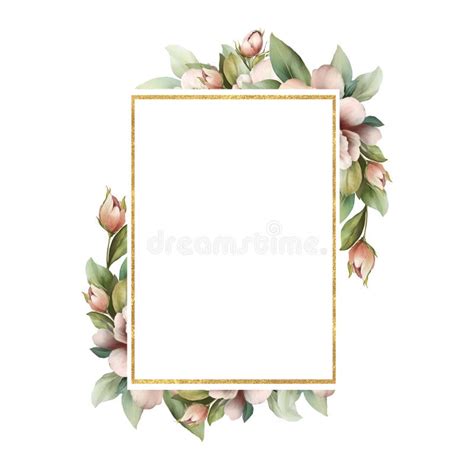 Golden Rectangle Frame With Green Leaves Floral Wedding Card Decor Stock Illustration