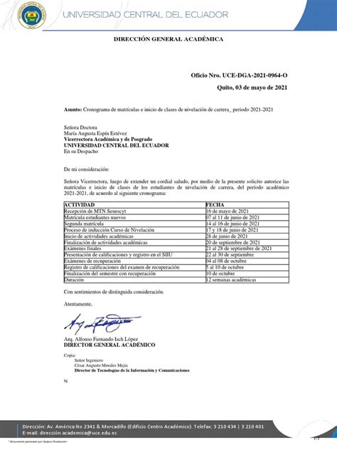 Calendario Académico Nivelación Uce Dga 2021 0964 O Pdf