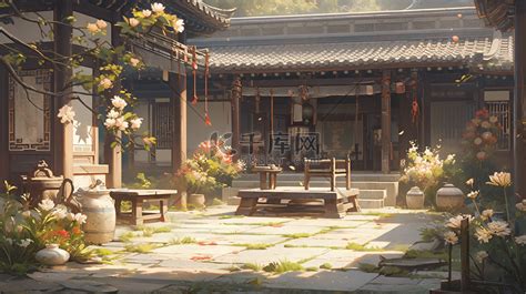 中式场景唯美治愈古风中式庭院插画图片 千库网