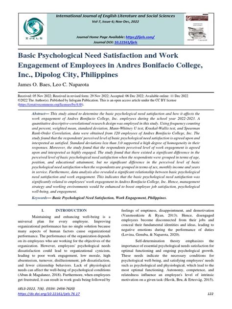 Basic Psychological Need Satisfaction And Work Engagement Of Employees In Andres Bonifacio