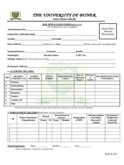 Fillable Online Job Application Form Bps 1 To 16 Fax Email Print