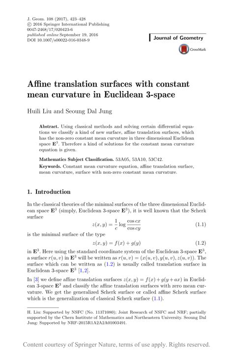 Affine Translation Surfaces With Constant Mean Curvature In Euclidean 3 Space Request Pdf