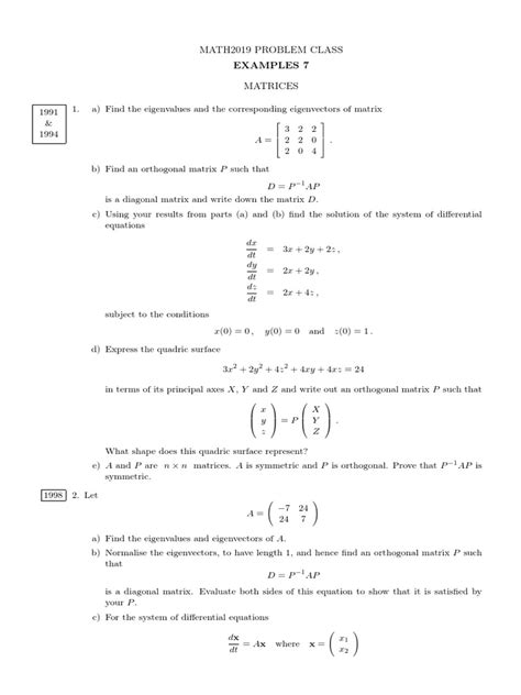 Math2019 Problem Class Examples 7 Matrices Pdf Eigenvalues And