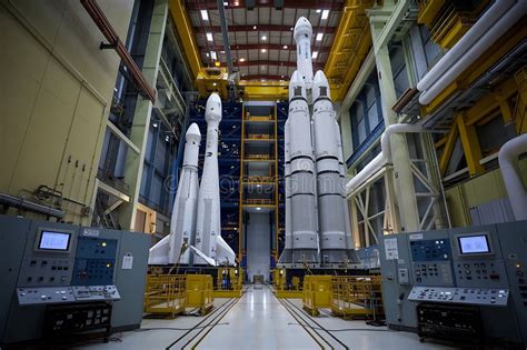 Assembly Building With Three Rockets Ready For Launch Stock