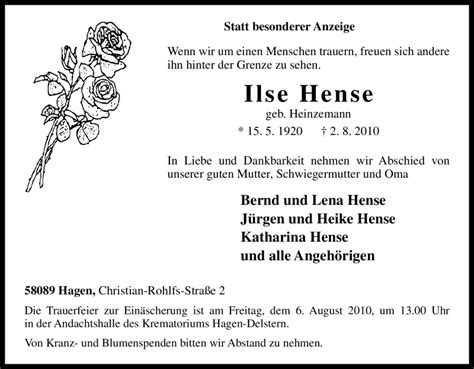 Traueranzeigen Von Ilse Hense Trauer In Nrwde