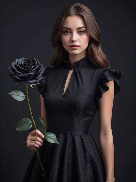 Premium Ai Image A Girl In A Black Dress Stands With A Black Rose