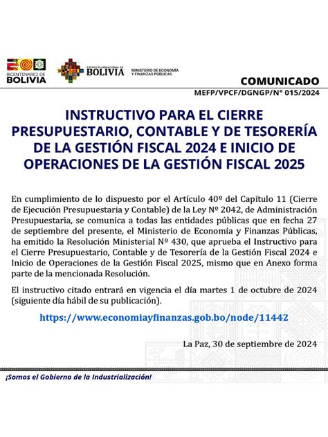 Instructivo Para El Cierre Presupuestario Bolivia 2024 Pdf