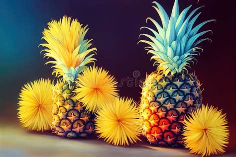 Three Pineapples With Yellow Flowers On A Table Top With A Black Background And A Blue Sky In