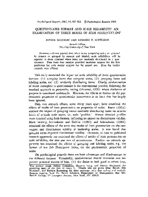 Pdf Questionnaire Format And Scale Reliability An Examination Of Three Modes Of Item Presentation