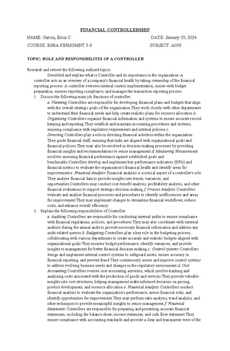 Roles And Responsibilities Of A Financial Controller Bsba Finmgmnt 3 3