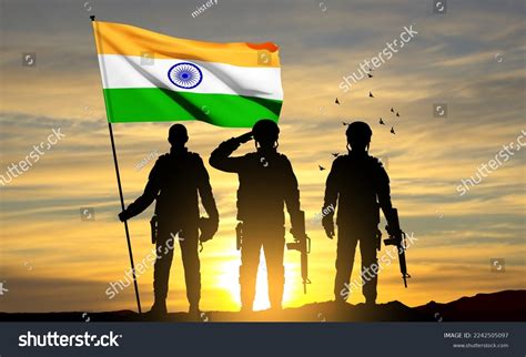 Silhouette Soldiers India Flag On Background Stock Vector Royalty Free