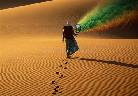 Person Walking In The Desert With A Mirror Reflecting A Magical Green