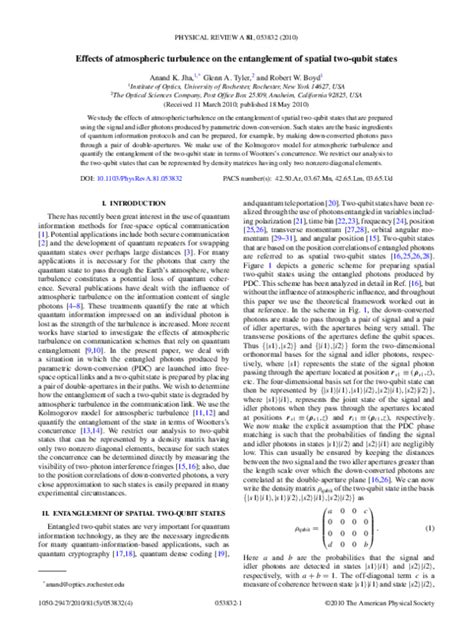 Pdf Effects Of Atmospheric Turbulence On The Entanglement Of Spatial