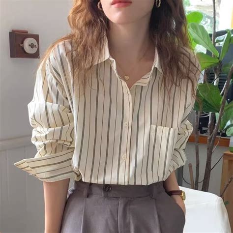 Jual Blus Lengan Panjang Longgar Berkancing Sebaris Bergaris Kontras