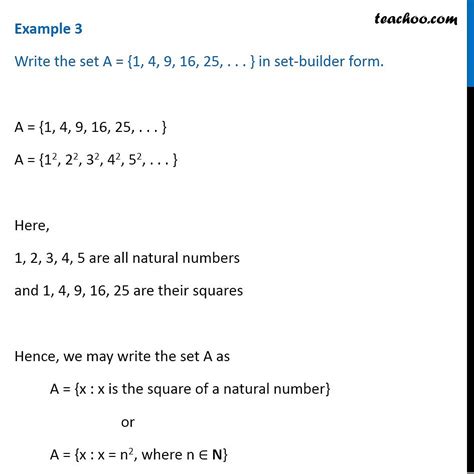 Example 3 Write A {1 4 9 16 25 } In Set Builder