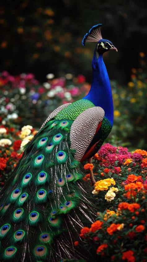 Proud Peacock Displaying Vibrant Feathers In Colorful Garden Nature