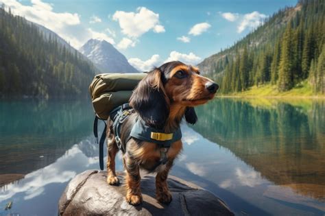 Premium Ai Image Traveler Dachshund With Backpack On The Shore Of A