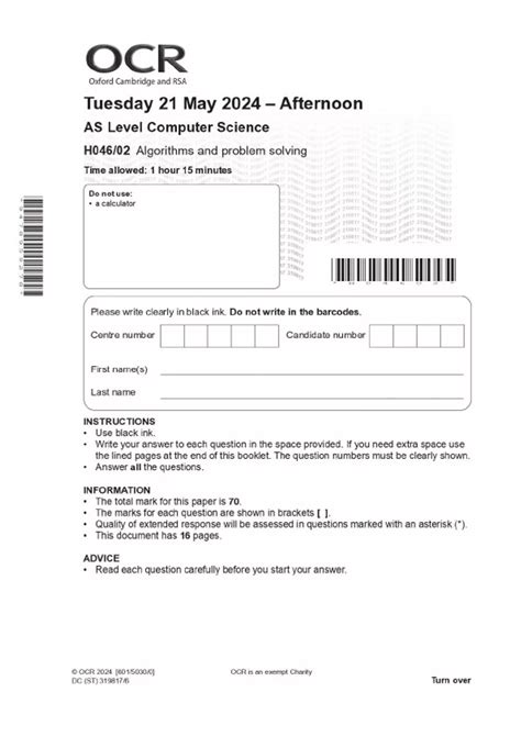 Ocr 2024 As Level Computer Science H04602 Algorithms And Problem