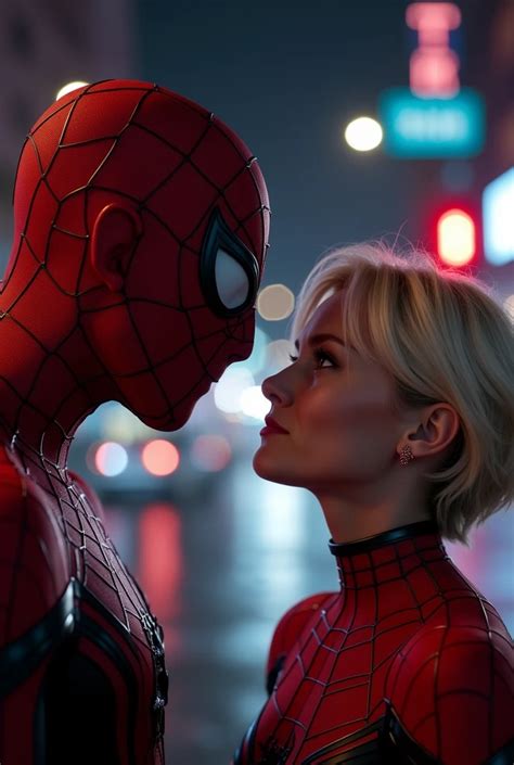 Detallado Spiderman Con La Máscara Abierta En La Boca Mirando A Gwen