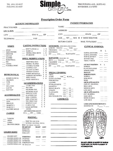 Fillable Online Prescription Order Form Simple Orthotics Inc Fax