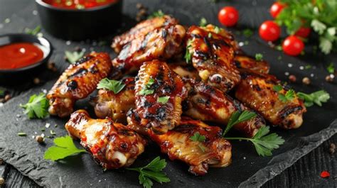 Premium Photo Assorted Glazed Barbecued Chicken Wings On A Plate With