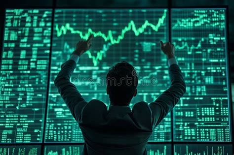 Stockbroker Analyzing Data On Multiple Computer Screens In Office At Night Stock Image Image