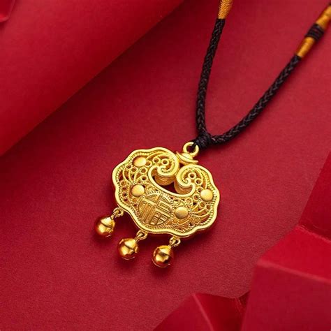 Chinese Classical Hollow Gold Plated Blessing Necklace Ruyi Lock Ancient Heritage Bell Peace