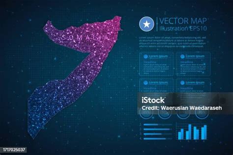 소말리아 지도 인포그래픽 템플릿은 다이어그램 그래프 프리젠테이션 및 차트에 파란색 배경에 추상적인 기하학적 메쉬 다각형 조명 개념이 있다 0명에 대한 스톡 벡터 아트 및
