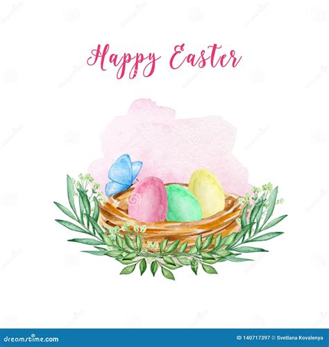 Watercolor Easter Nest With Easter Eggs Stock Illustration Illustration Of Nest Nature 140717397