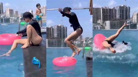 Sunny Leone Oops Moment Sunny Jumps Into A Swimming Pool But Falls
