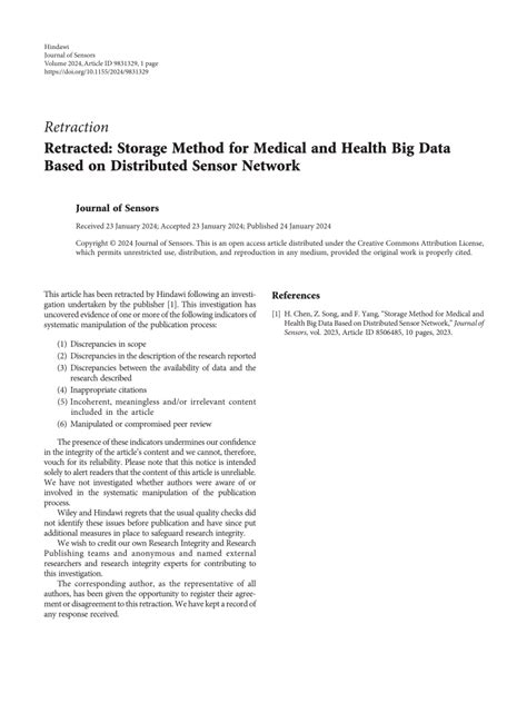 PDF Retracted Storage Method For Medical And Health Big Data Based On Distributed Sensor Network