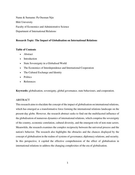 Pdf The Impact Of Globalisation On International Relations