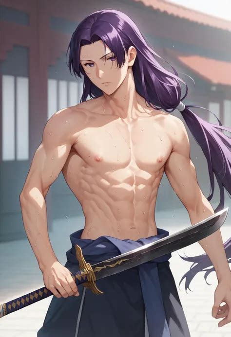 A Man With Purple Hair Holding A Sword And A Sword Seaart Ai