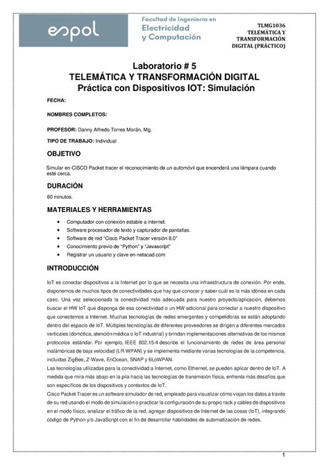 Laboratorio 5 Práctica Con Dispositivos Iot Simulación TelemÁtica Y TransformaciÓn Digital