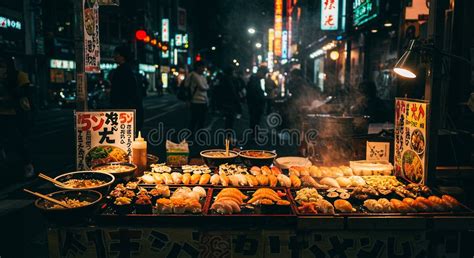 Nighttime Street Food Stall In A Bustling Urban Area Likely Japan The