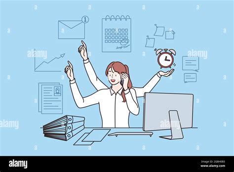 Employee Efficiency And Multitask Concept Young Woman Worker Sitting