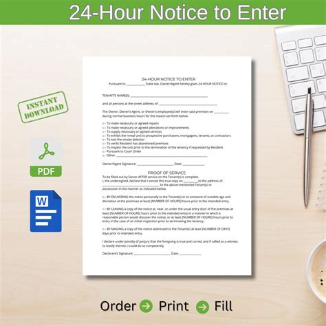 24 Hour Notice To Enter Form Us Letter Size Pdf And Word File Instant