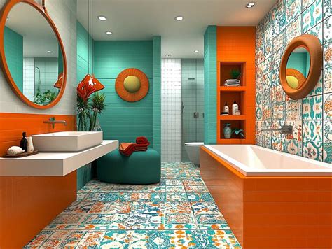 Vibrant Orange And Teal Bathroom Interior Design